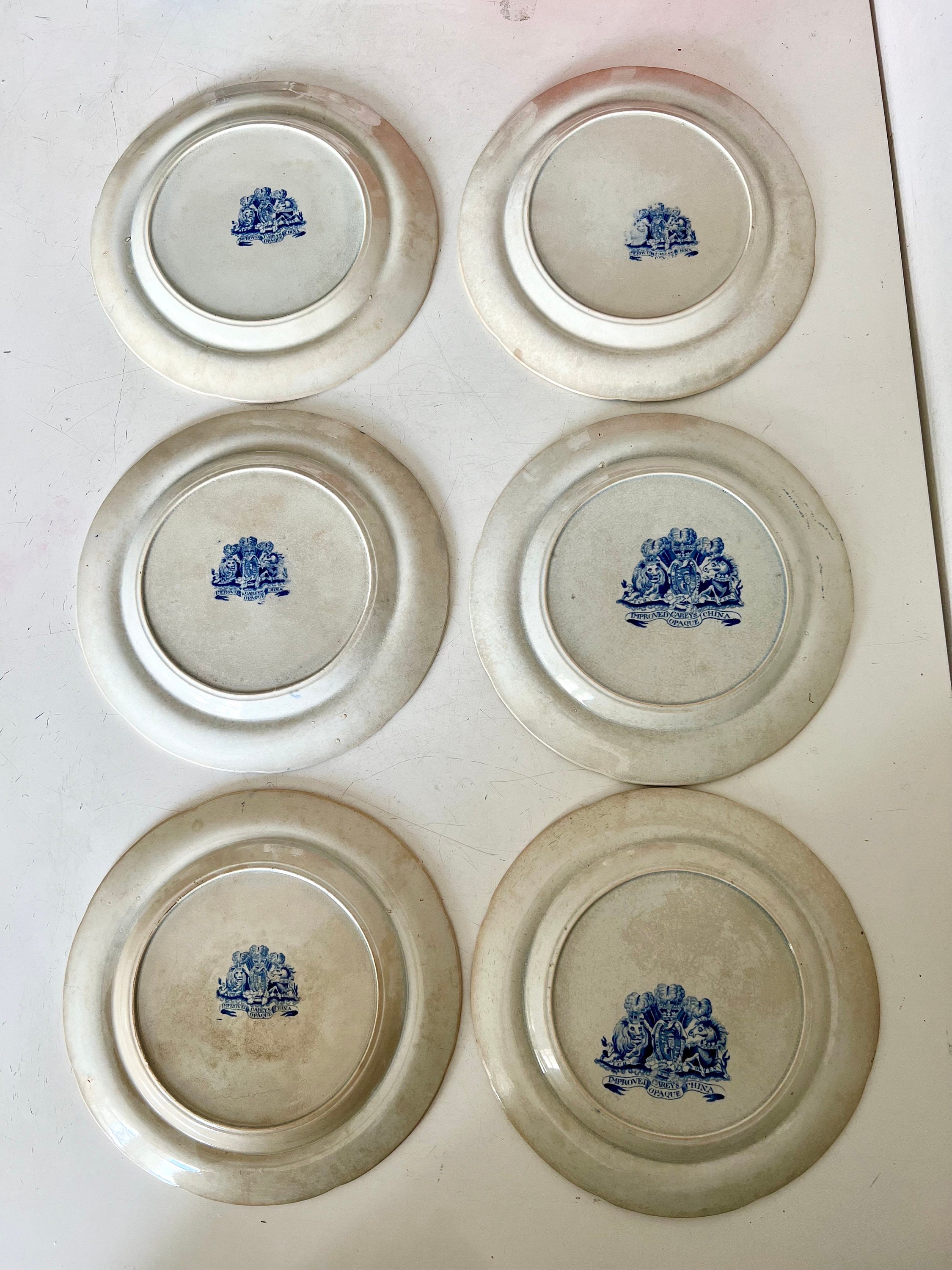 Antique Carey Blue Transferware Opaque China Staffordshire 6 X Plates ...