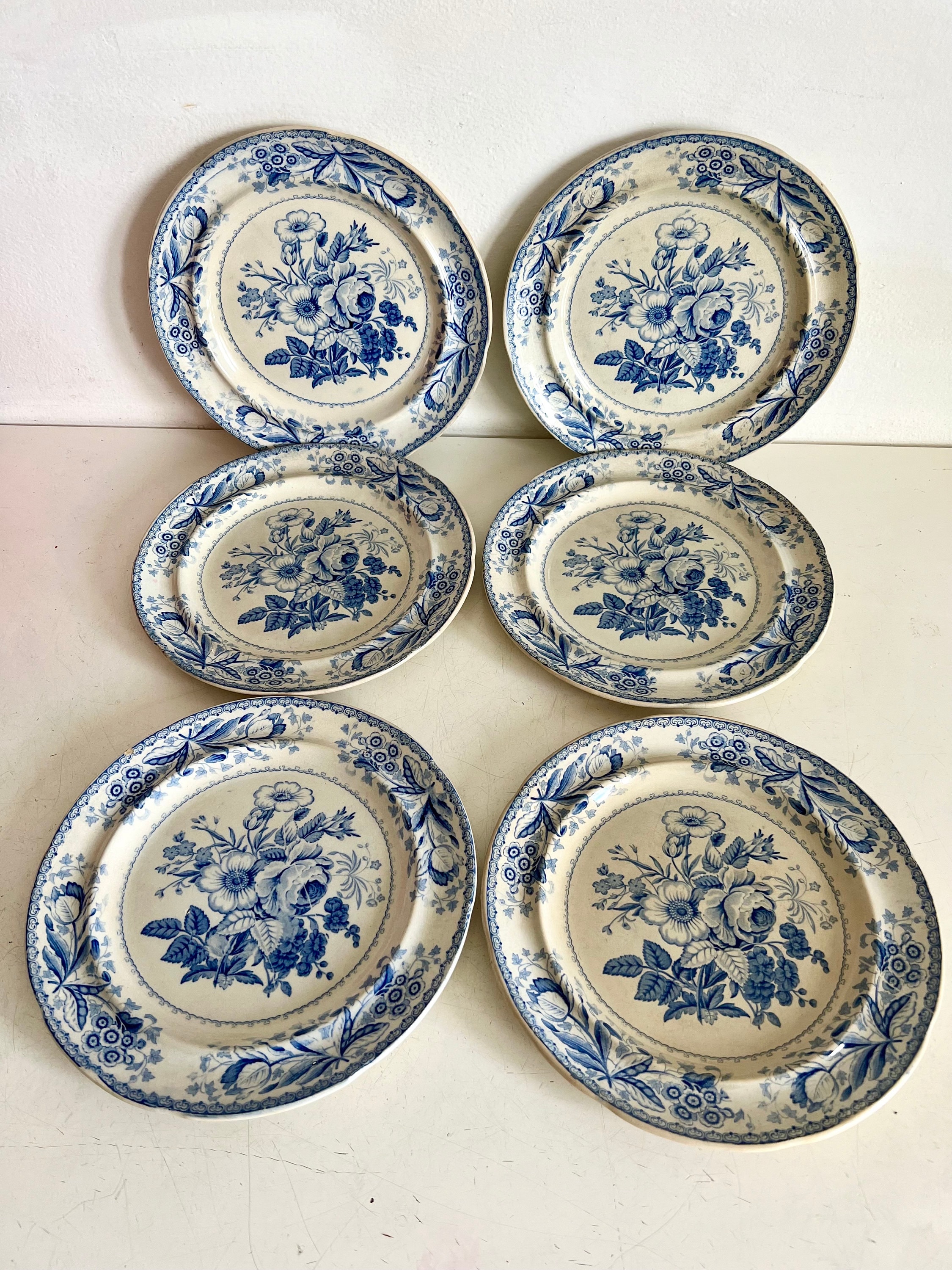 Antique Carey Blue Transferware Opaque China Staffordshire 6 X Plates ...