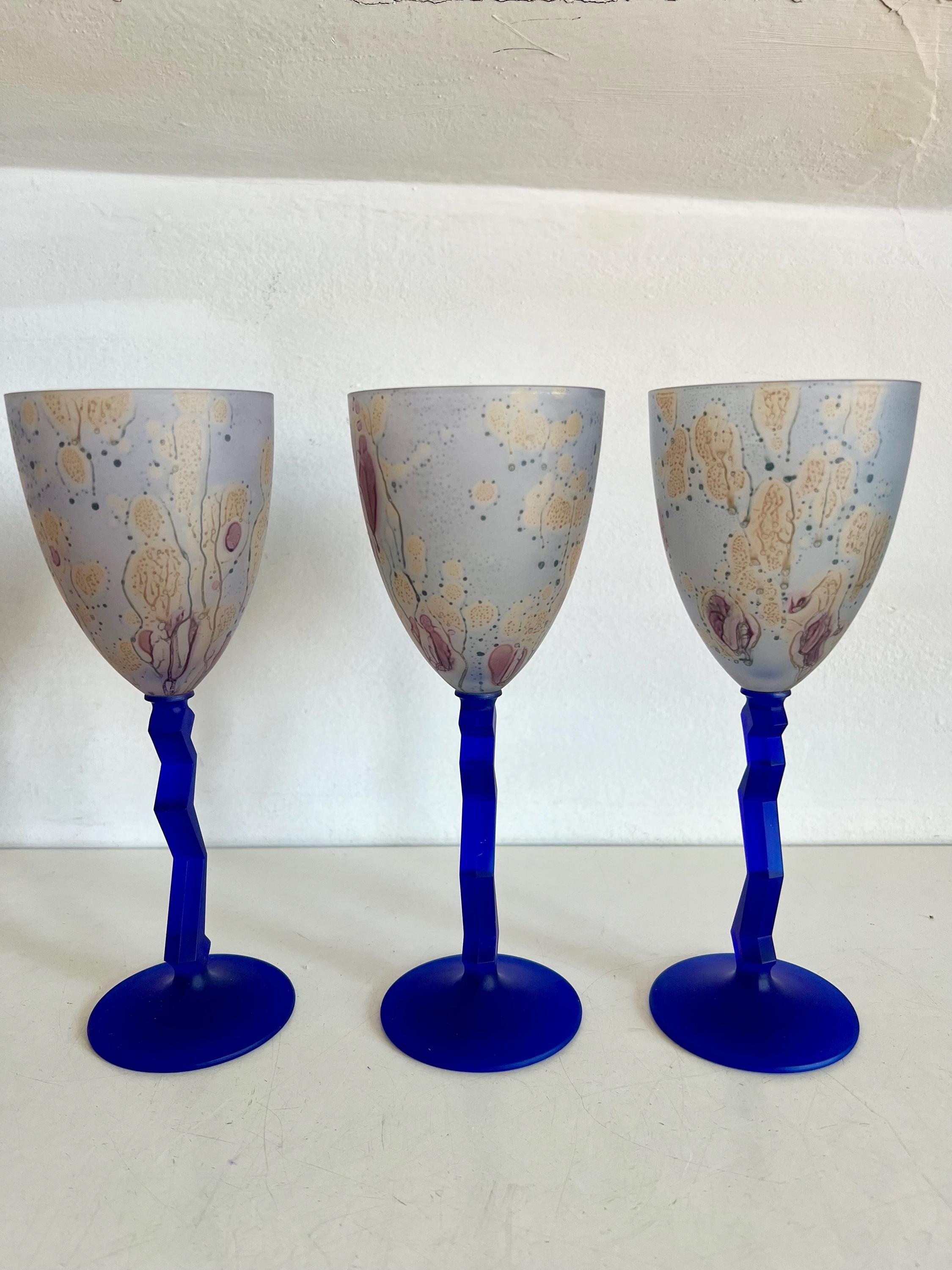Schott Zwiesel Zig Zag Stem Wine Glasses X 3 Frosted Hand Painted Art ...