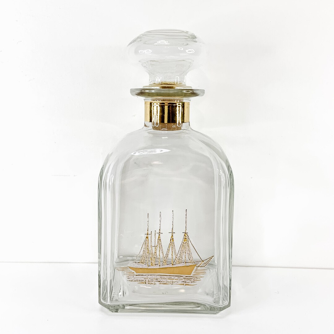 Vintage MCM Bohemian 26 Ounce Glass Whiskey Decanter With Etched Gold ...