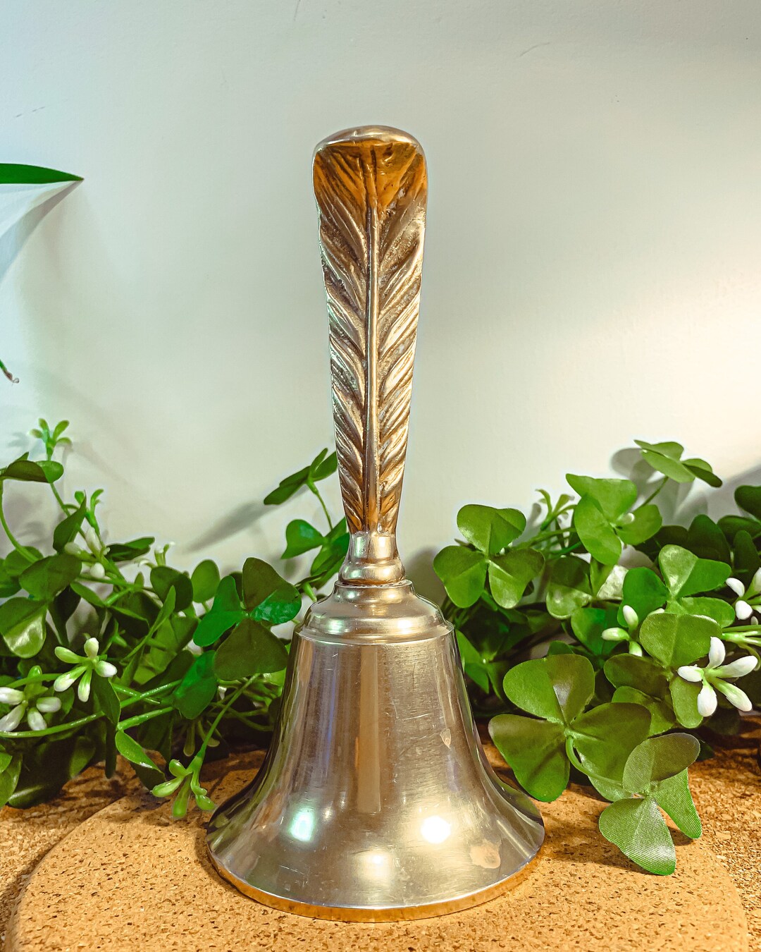 Vintage MCM Large Solid Brass Etched Feather Quill Ringer Bell, Made in ...
