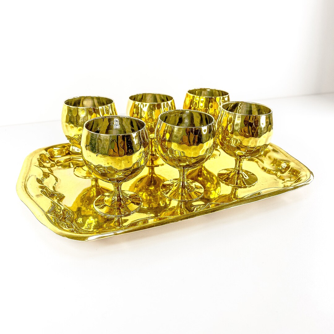 Vintage Brass Goblets Set of 6 With Tray Rare Miniature Hammered ...