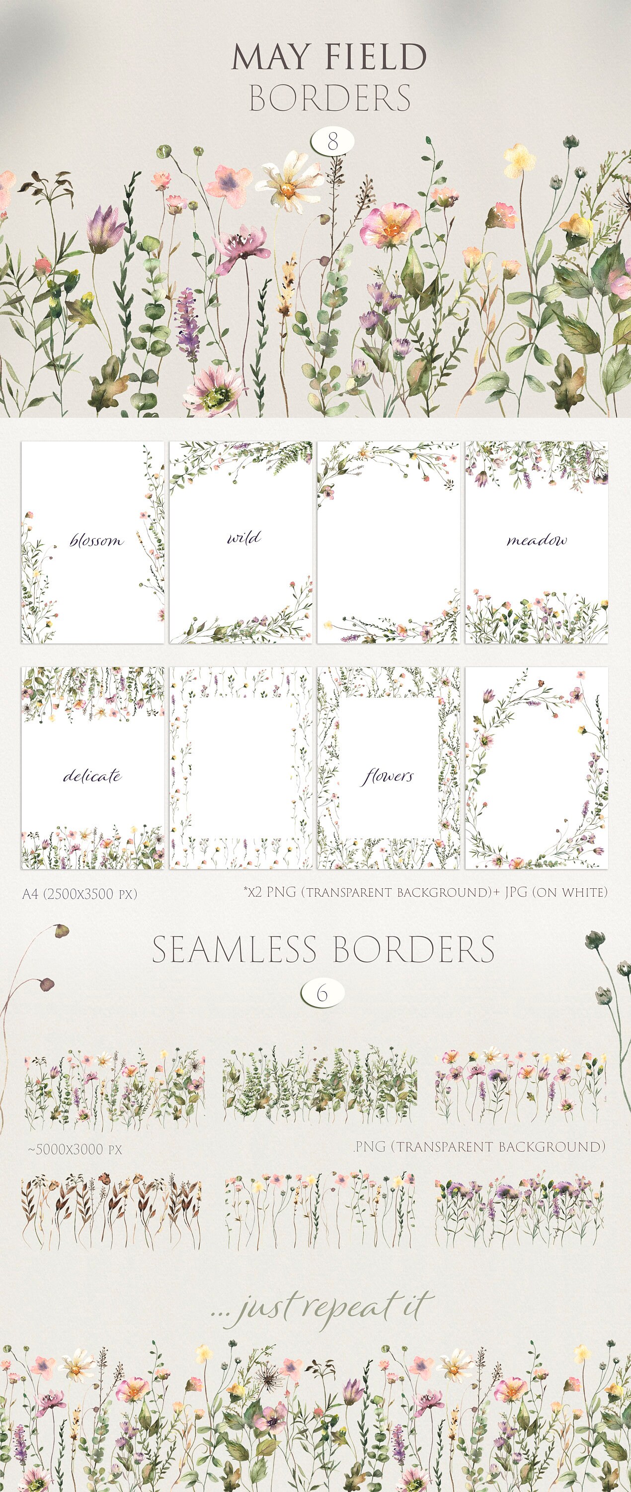 BIG Watercolor Wildflower Cliparts, Floral Frames, Wreaths, Patterns ...