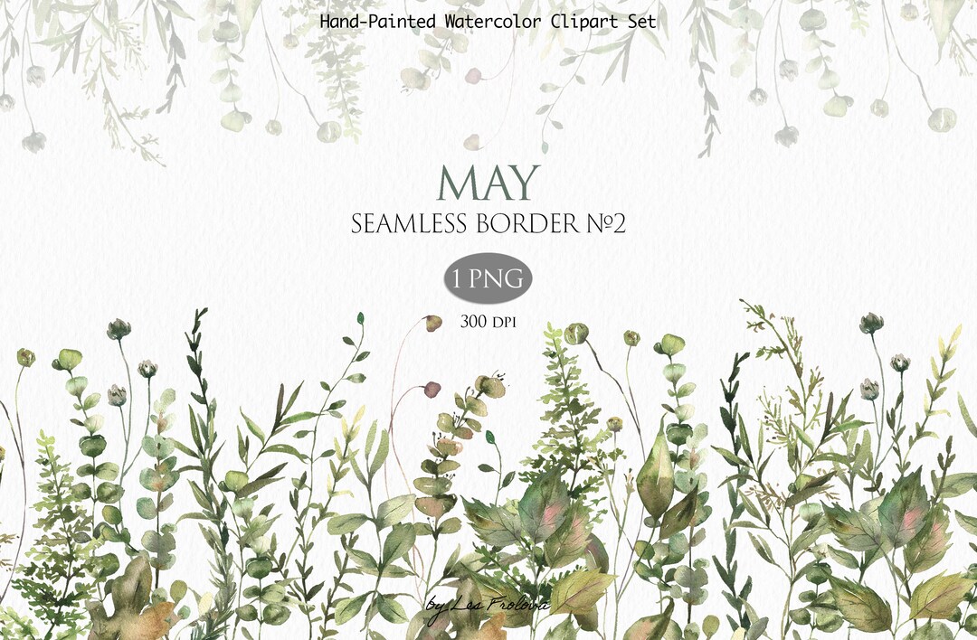 Watercolor Green Leaves Seamless Border Clipart, Summer Floral Border ...
