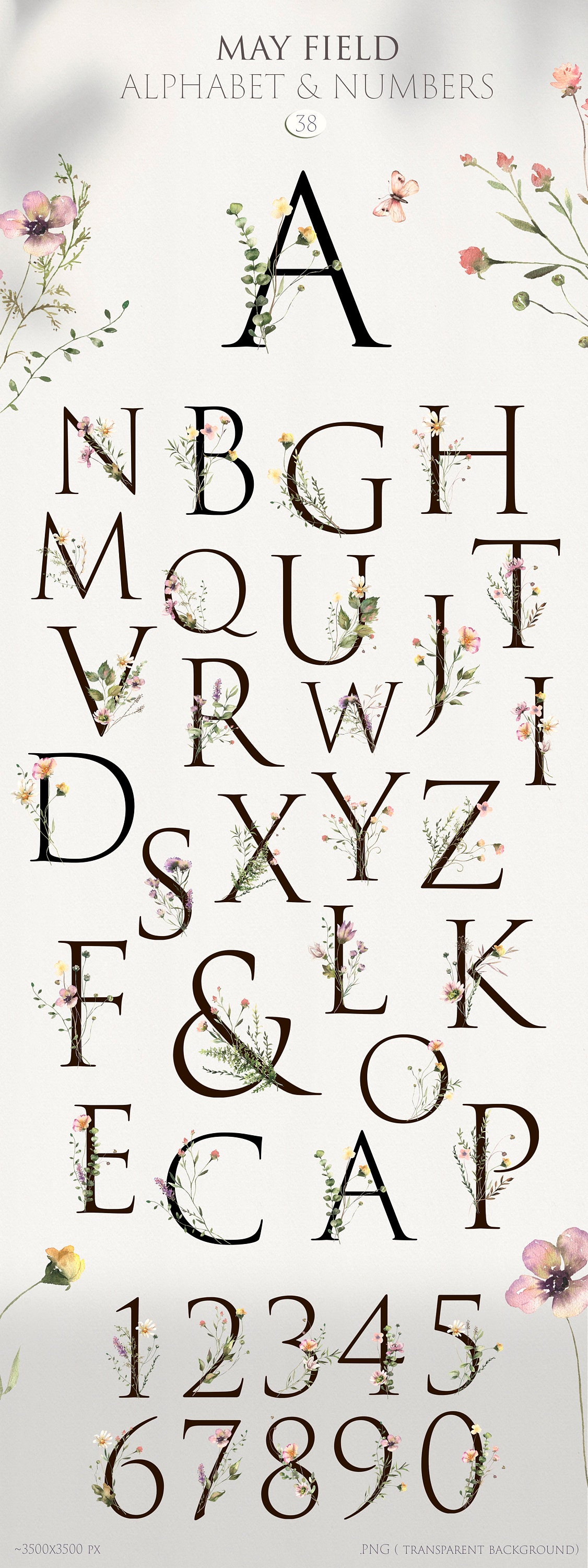 Wildflower Letters and Numbers, Watercolor Floral Alphabet, Alphabet ...