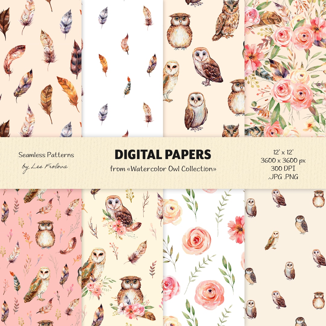 Owl Digital Papers , Seamless Patterns, Watercolor Owls Paper Set - Etsy