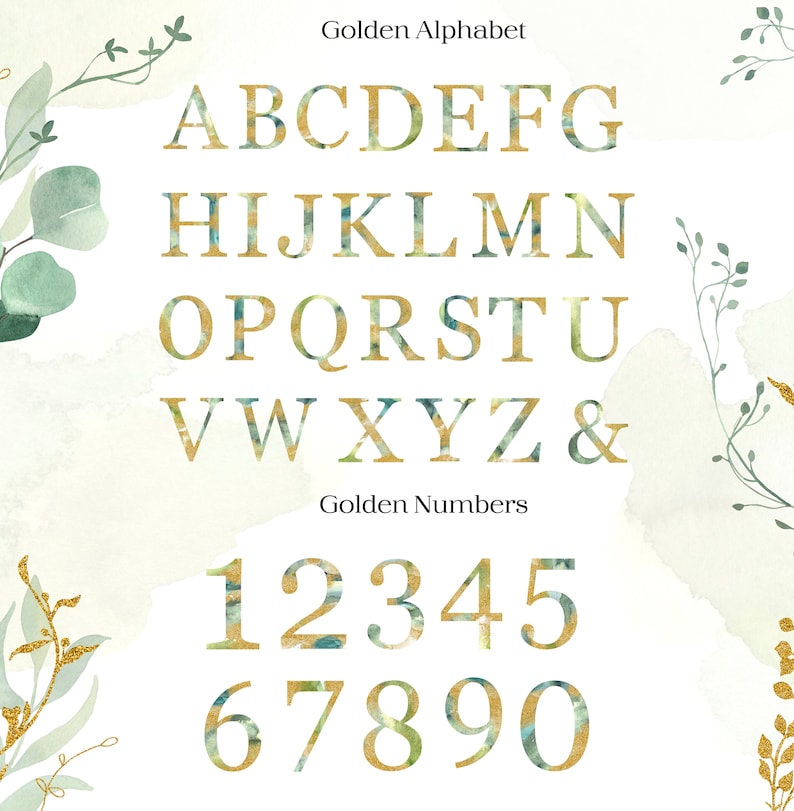 Textured Gold & Green Alphabet Numbers Clipart Set Greenery - Etsy