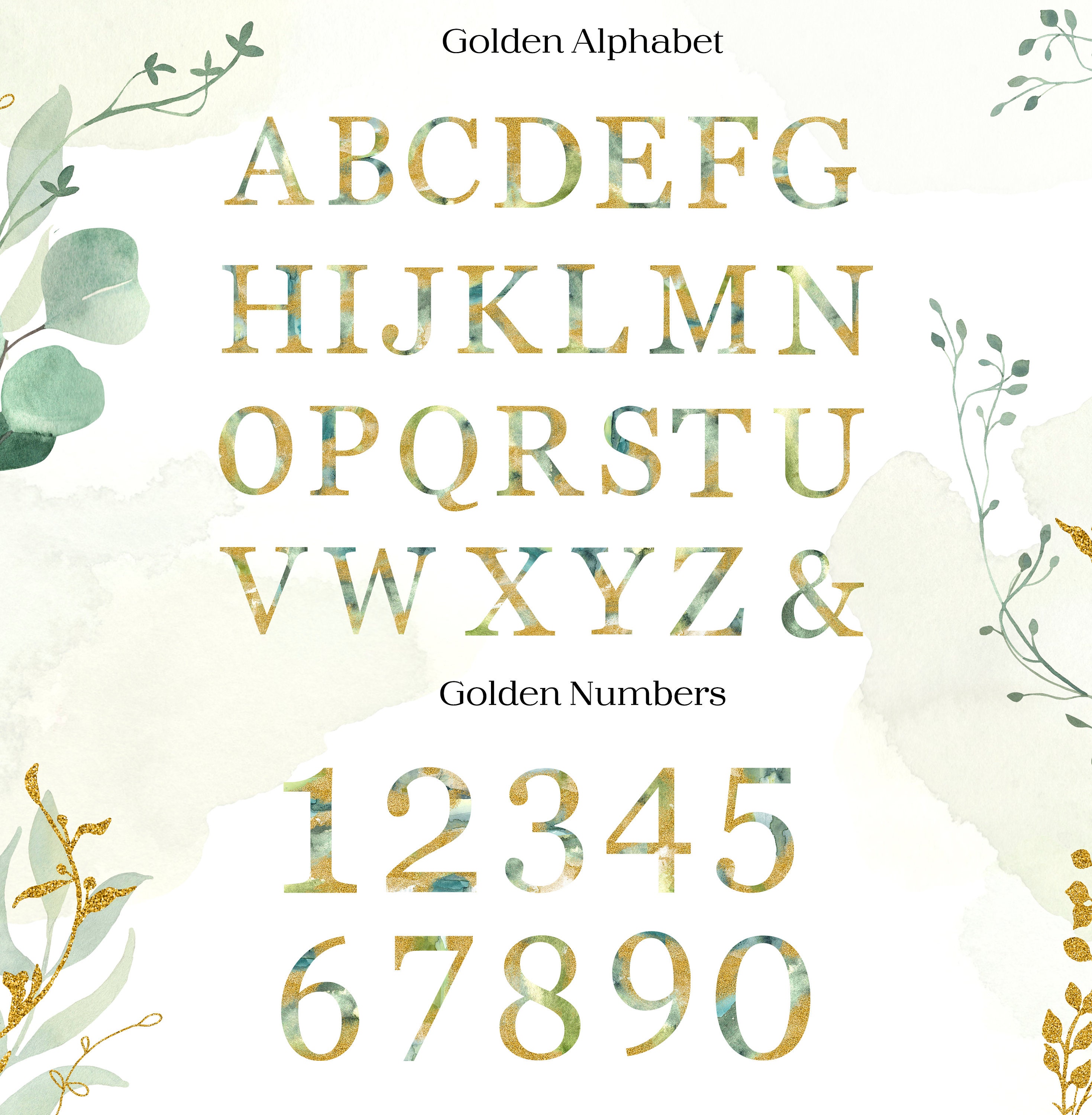 Textured Gold & Green Alphabet, Numbers Clipart Set, Greenery Letters ...