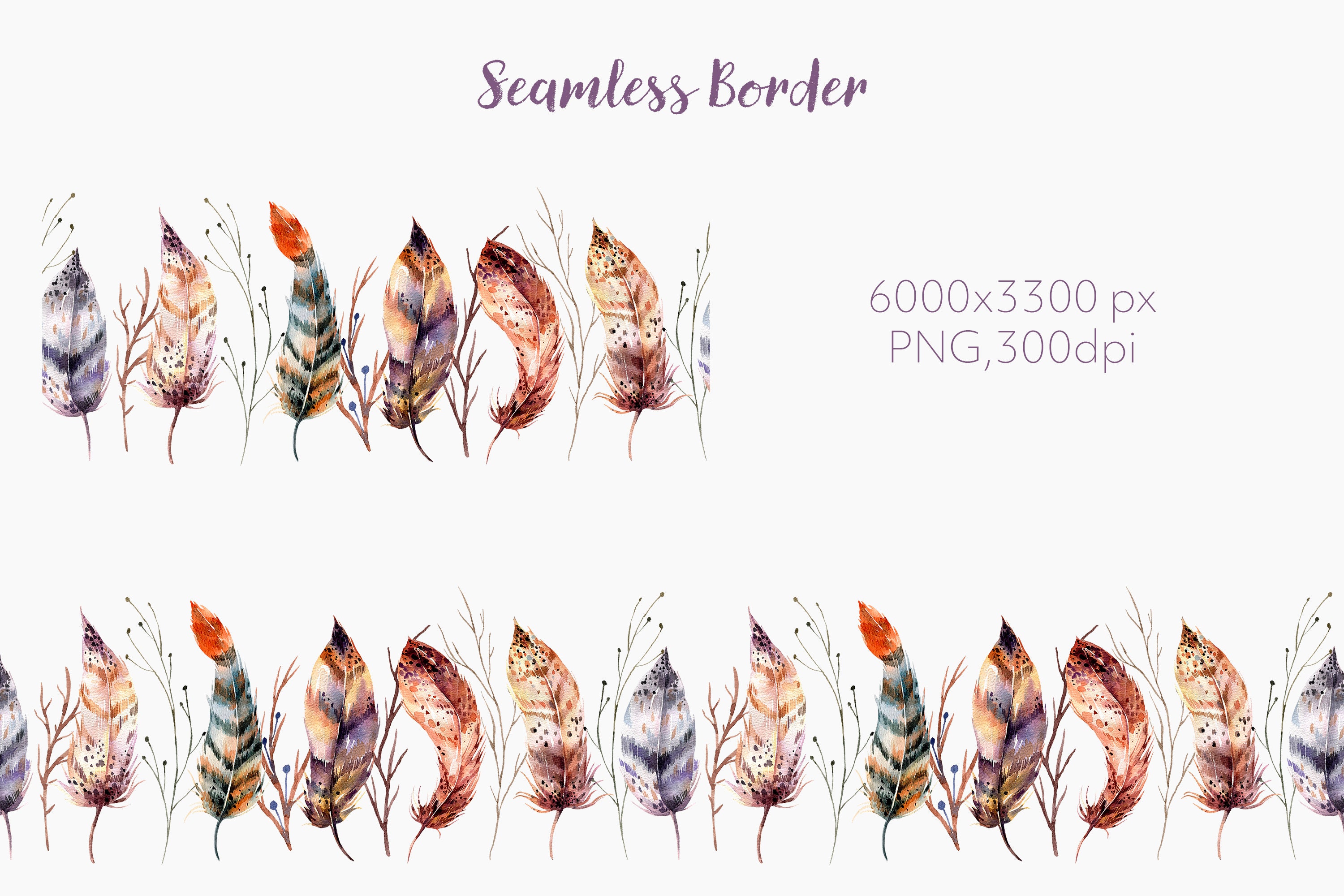 Watercolor Feathers Seamless Border Clipart,individual PNG File, Tribal ...