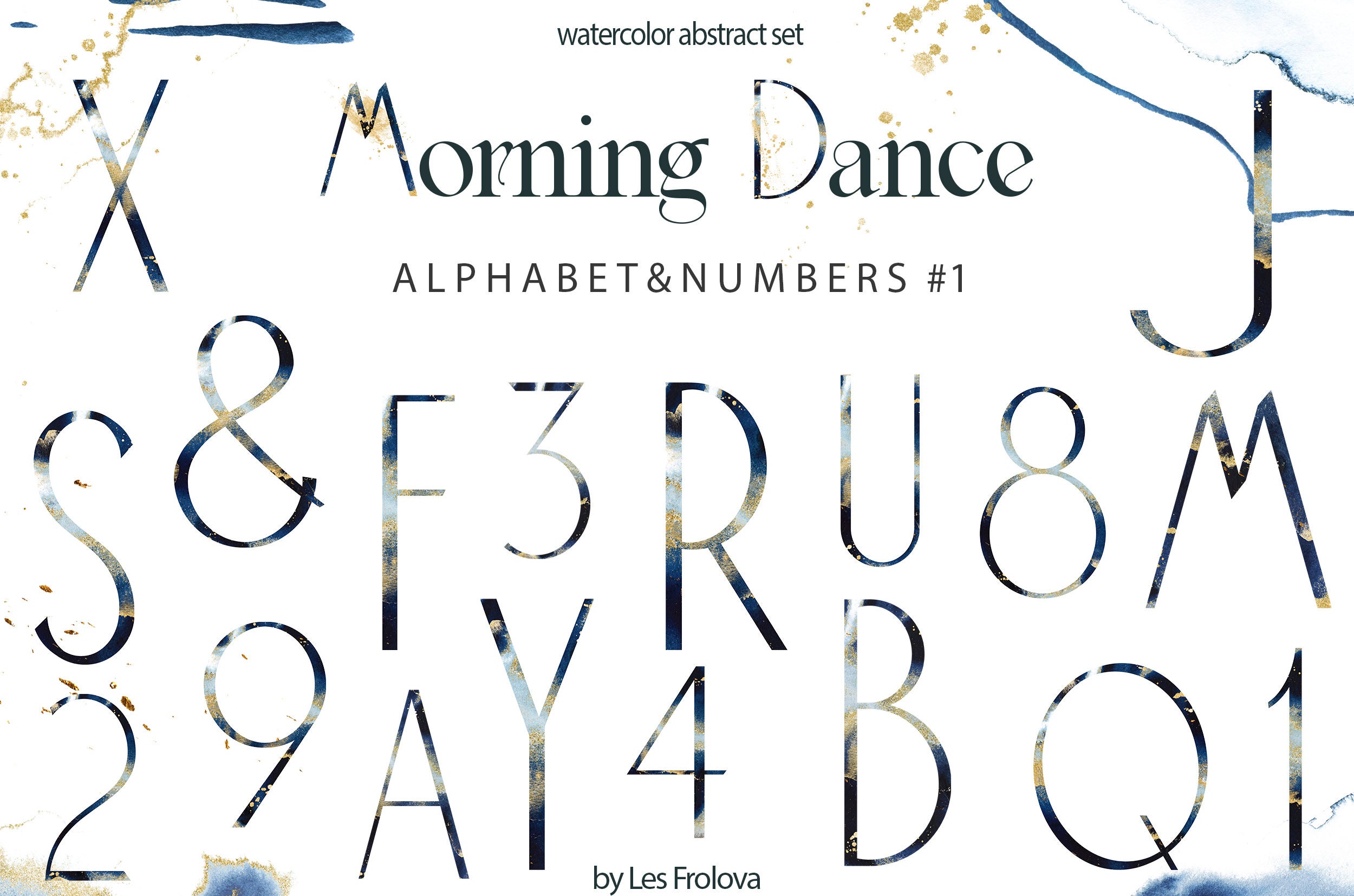 Abstract Blue, Gold Alphabet and Numbers Clipart Set, Watercolor Golden ...
