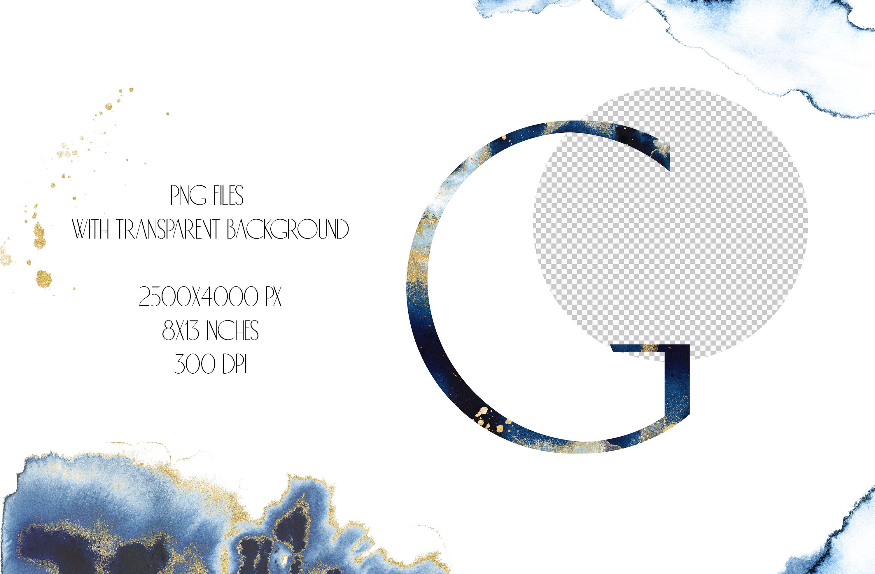 Abstract Blue, Gold Alphabet and Numbers Clipart Set, Watercolor Golden ...