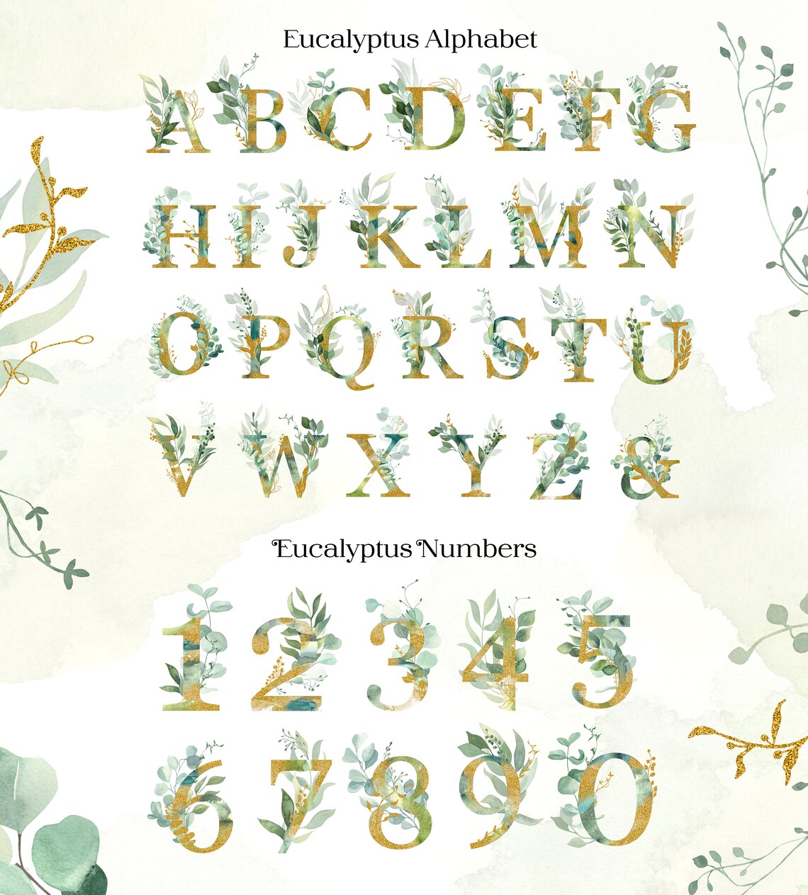 Eucalyptus Alphabet, Numbers Clipart Set, Greenery Letters, Eucalyptus ...