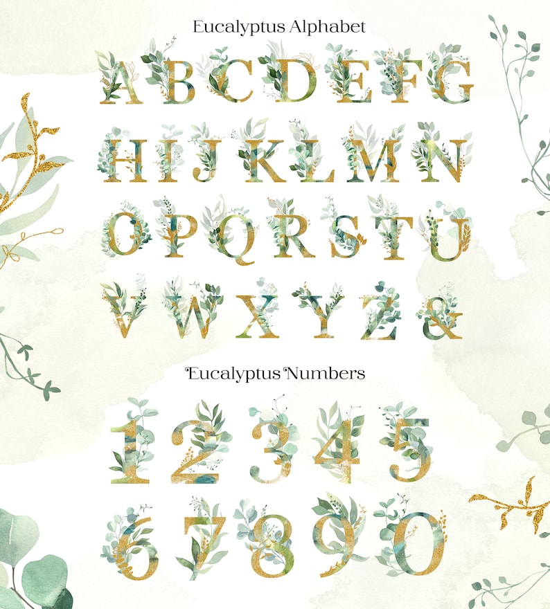 Eucalyptus Alphabet, Numbers Clipart Set, Greenery Letters, Eucalyptus ...