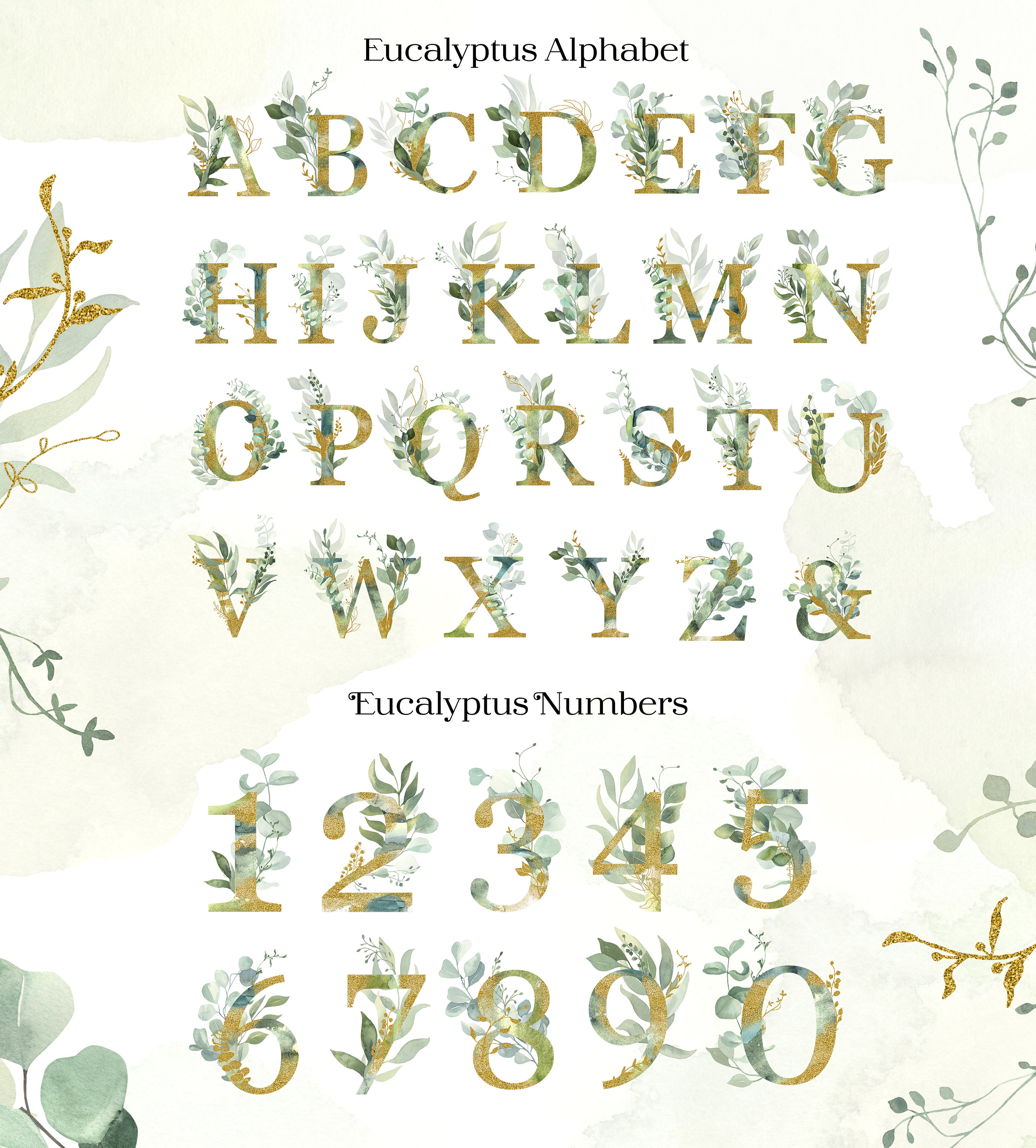 Eucalyptus Alphabet, Numbers Clipart Set, Greenery Letters, Eucalyptus ...