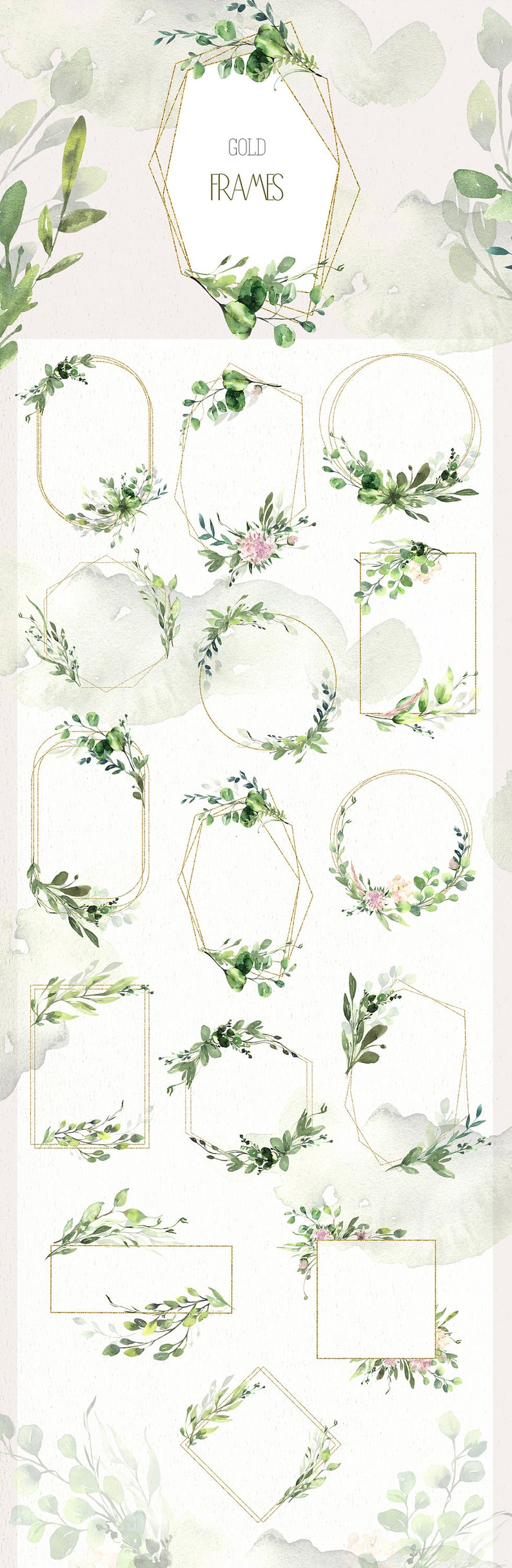 BIG Greenery Watercolor Collection. Eucalyptus Leaves Frames, Wreaths ...