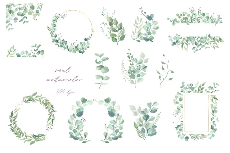 Watercolor Eucalyptus Frames, Greenery Wreath, Leaves Wreath Clipart ...