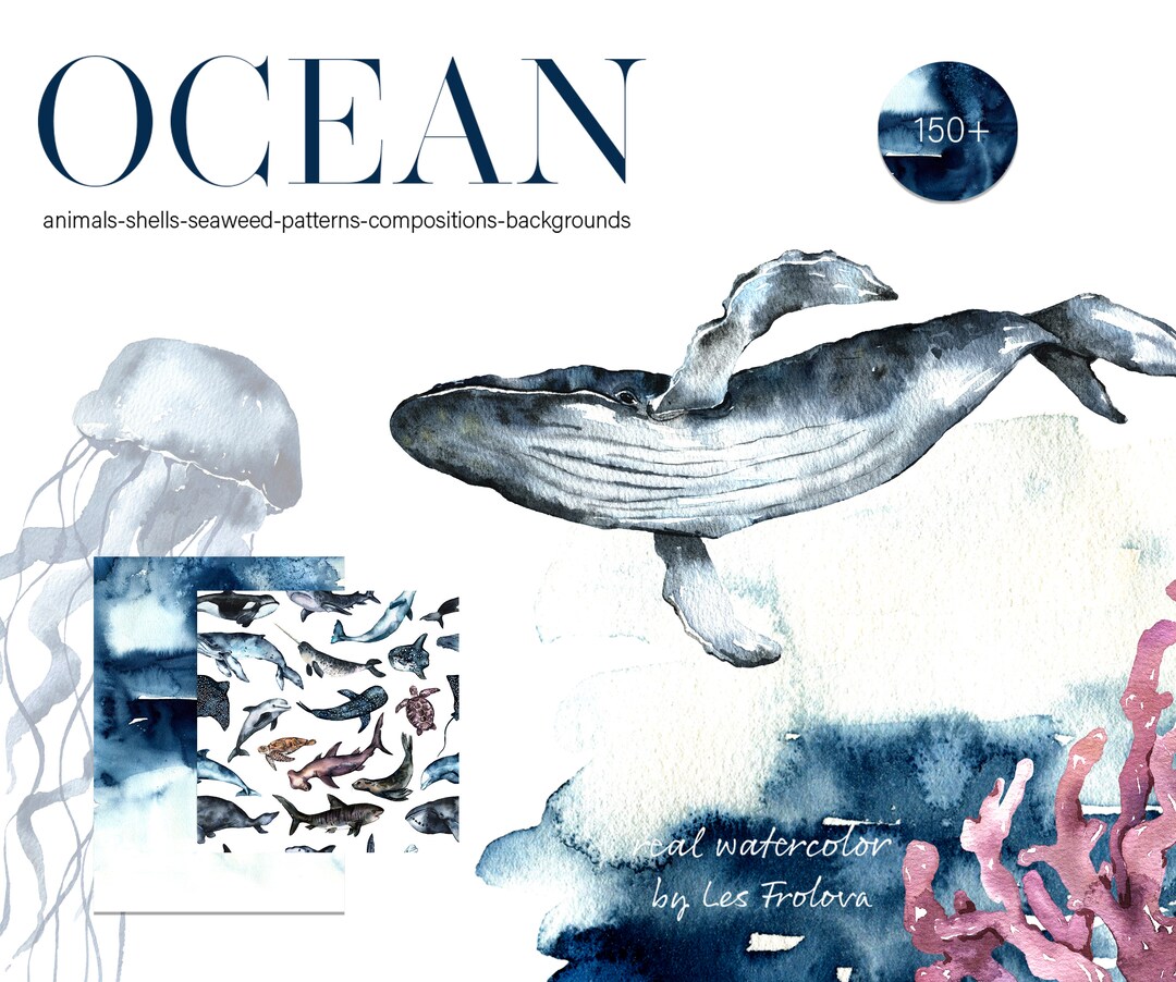 BIG Watercolor Ocean Collection, Watercolor Animals, Whale, Sea Animals ...