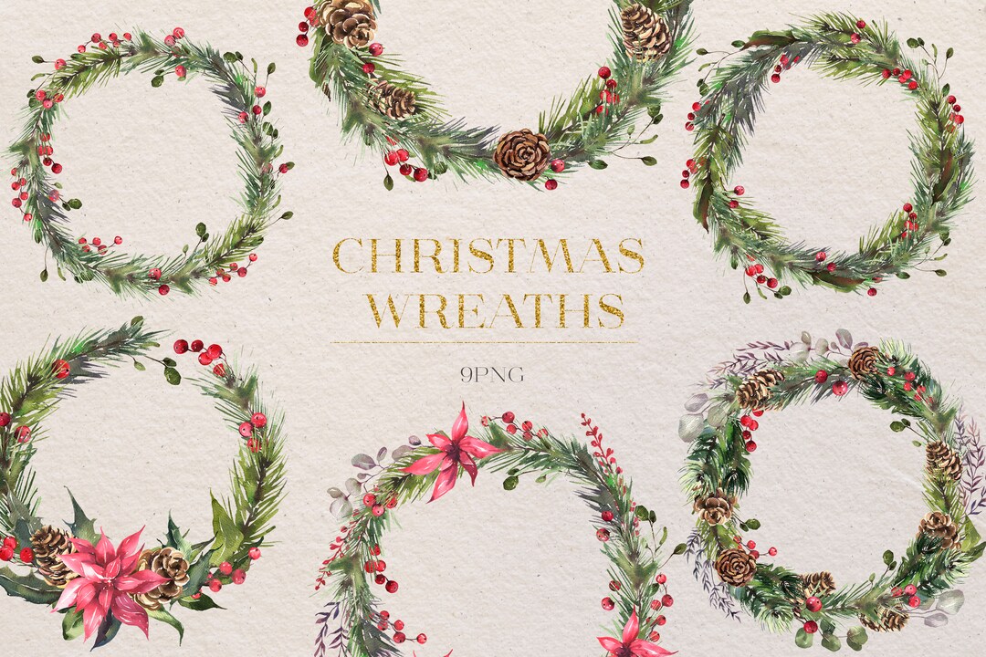 Watercolor Christmas Wreaths Clipart Png Digital Download - Etsy