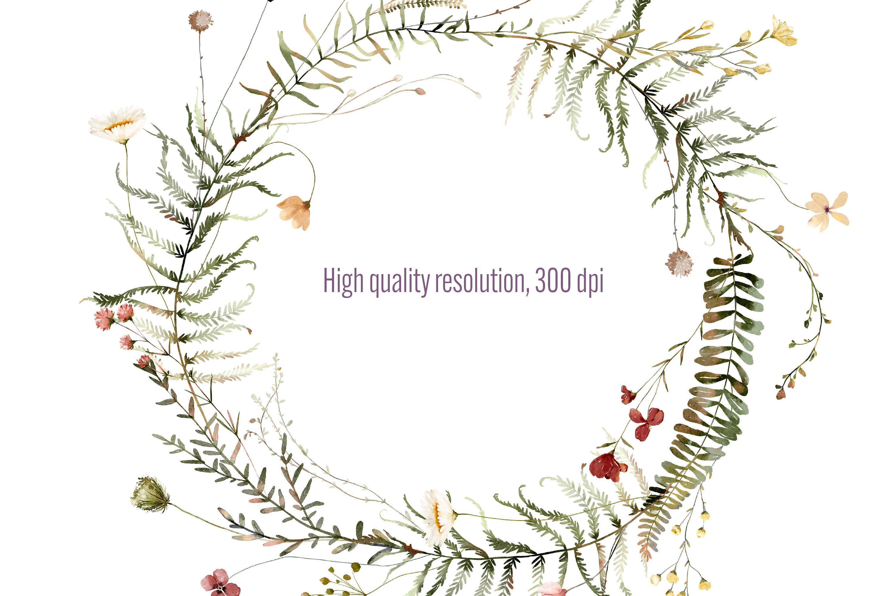 Wildflower Floral Wreath, Watercolor Clipart, Field Flowers Clipart ...