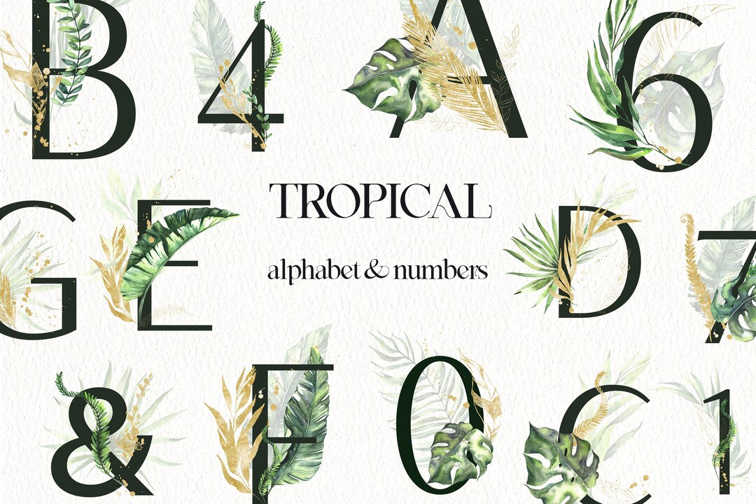 Tropical Leaves Alphabet Collection, Watercolor Floral Tropics Alphabet ...