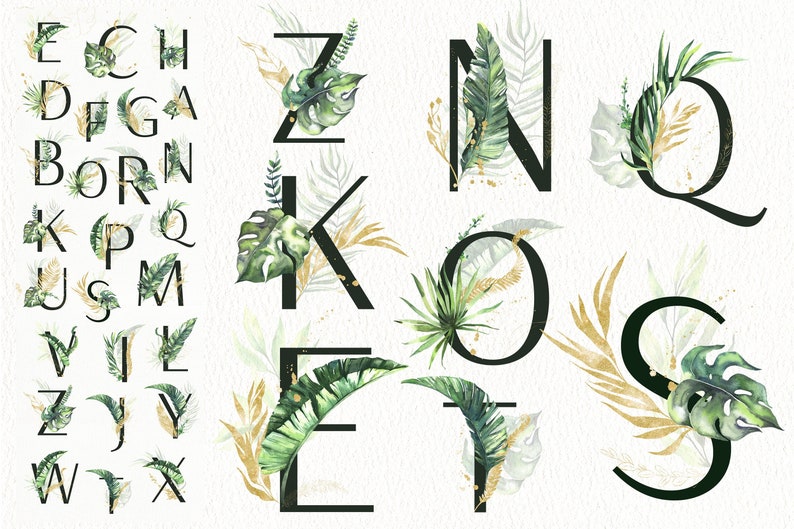 Tropical Leaves Alphabet Collection, Watercolor Floral Tropics Alphabet ...