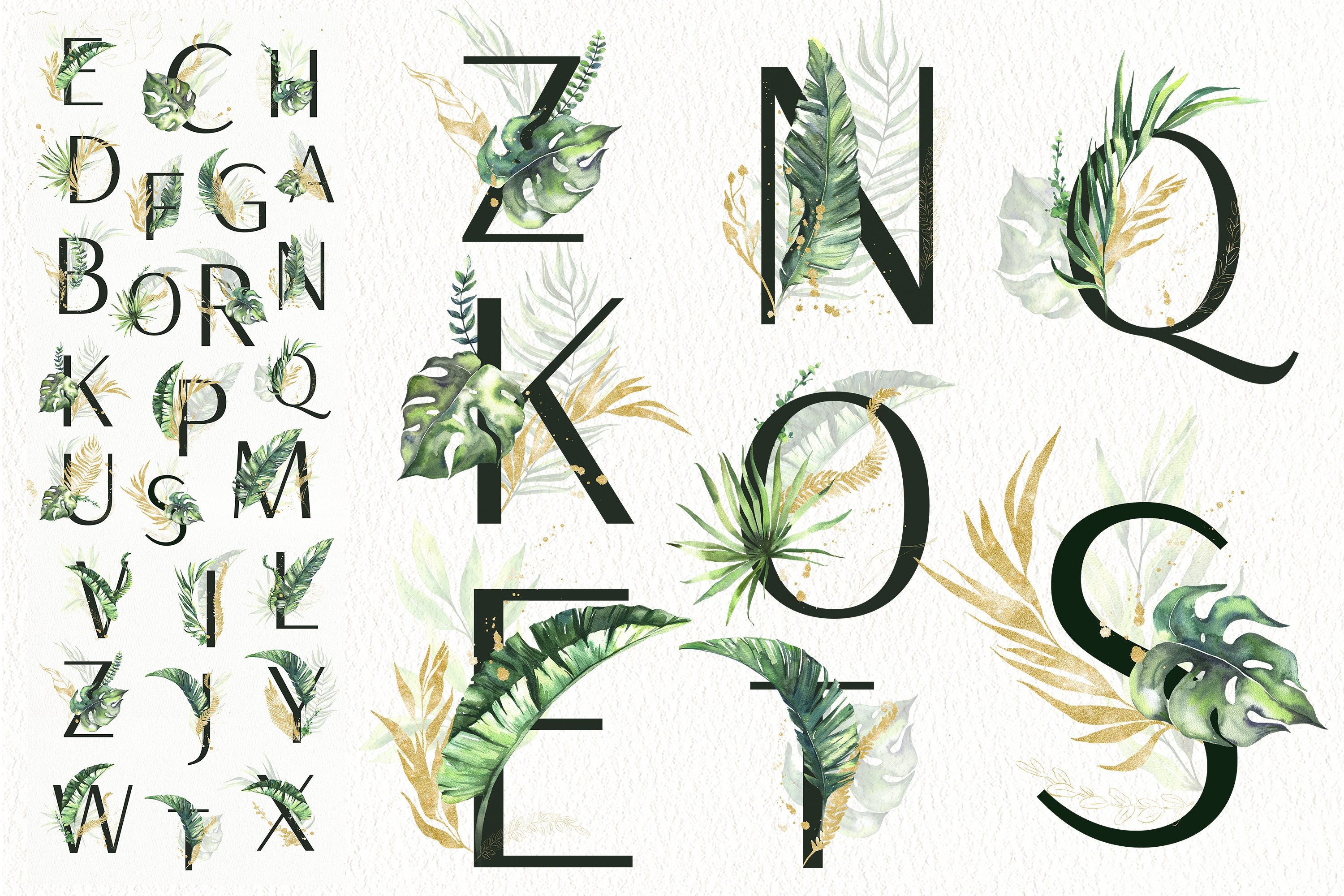 Tropical Leaves Alphabet Collection, Watercolor Floral Tropics Alphabet ...
