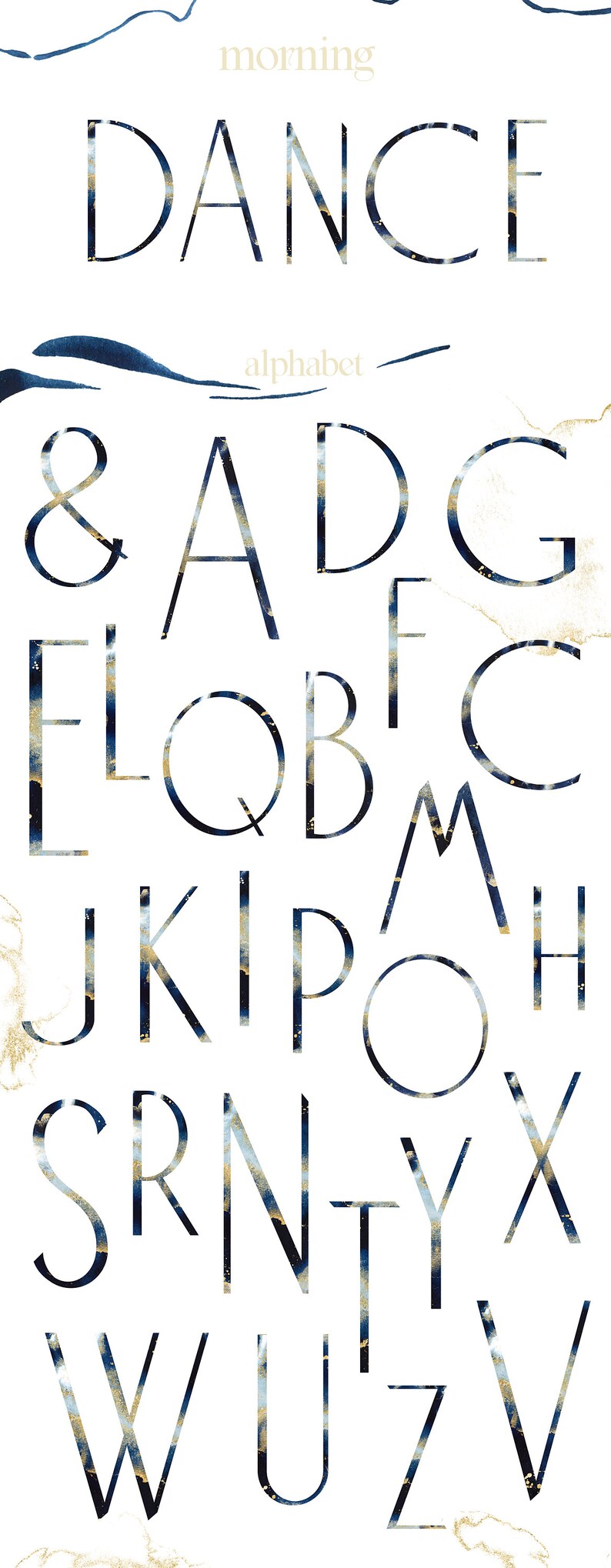 Abstract Blue, Gold Alphabet and Numbers Clipart Set, Watercolor Golden ...