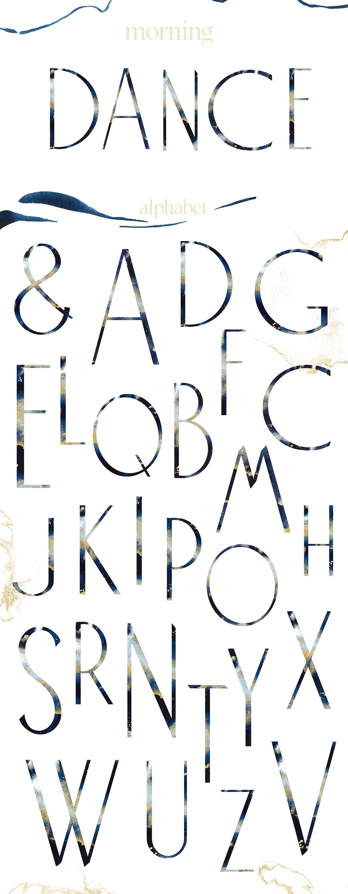Abstract Blue, Gold Alphabet and Numbers Clipart Set, Watercolor Golden ...