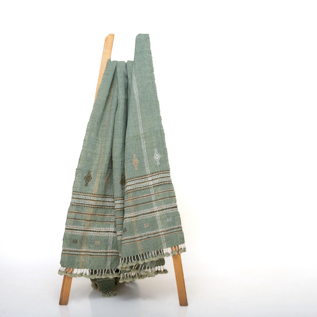 Artisanal Hand-spun Indian Wool Throw Blanket in Neutral Green Hue ...