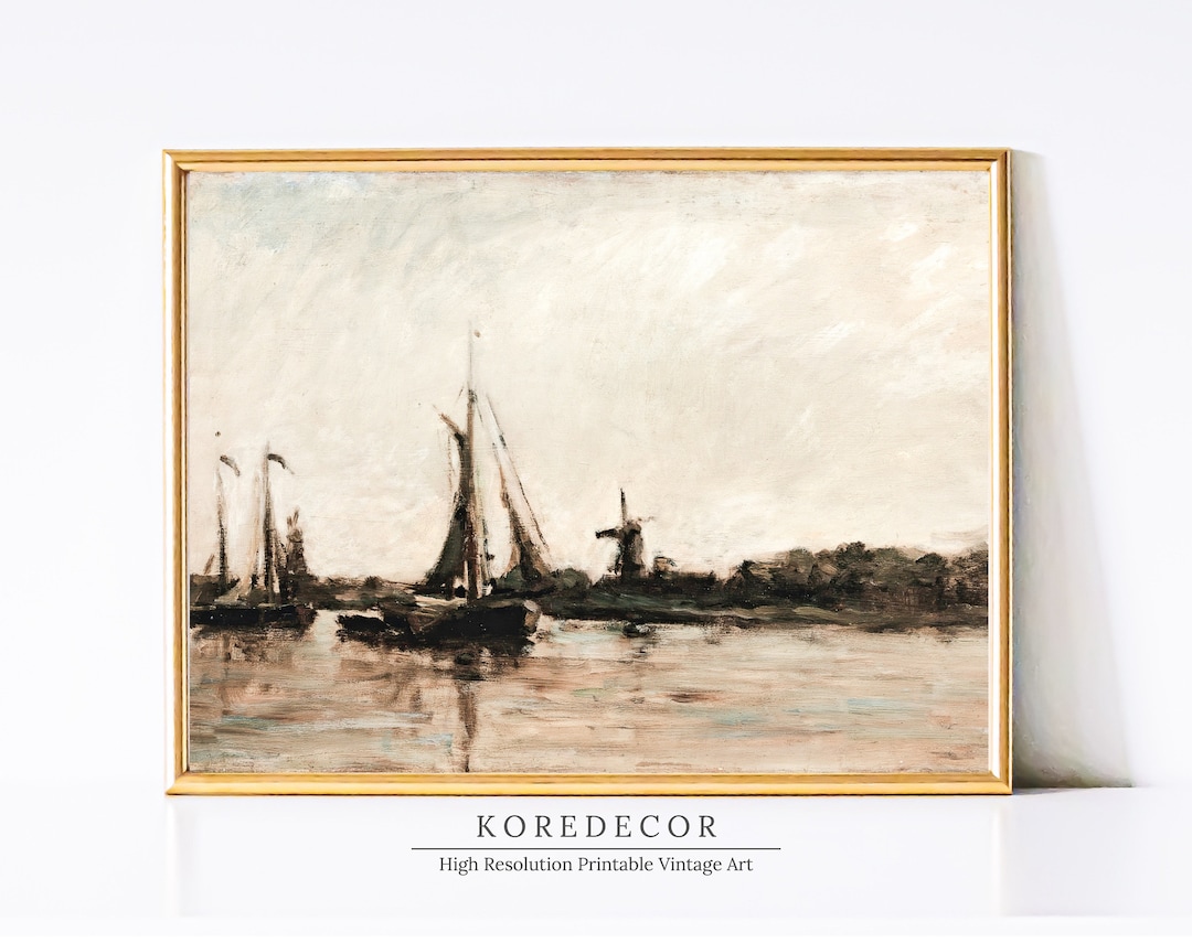 Kanal in Holland Digital Art Print Vintage Landschaftsdekor, druckbare ...