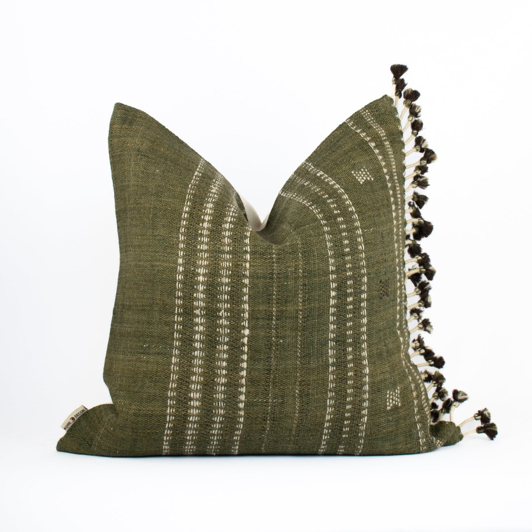 Handcrafted Indian Wool Brown Olive Pillowcase With Tassels & Artisanal ...