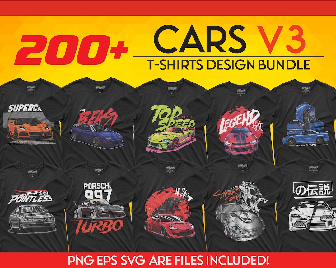 200 Car Designs V3 Bundle , T-shirt Design Bundle, Streetwear Designs, Graphics Shirt , DTF, DTG ...