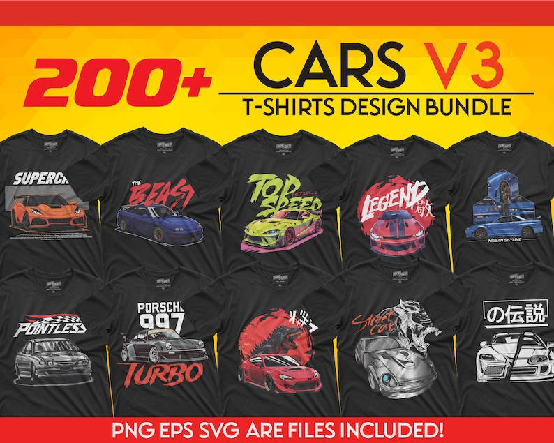 200 Car Designs V3 Bundle: Streetwear T-shirt Graphics (PNG, EPS, SVG ...