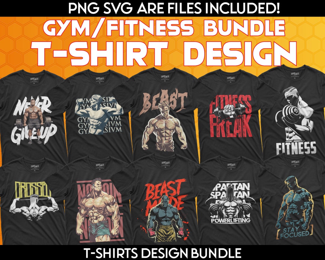 50 Gym/fitness T-shirt Design Bundle, Streetwear Designs, Graphics Shirt , DTF, DTG, Transparent ...