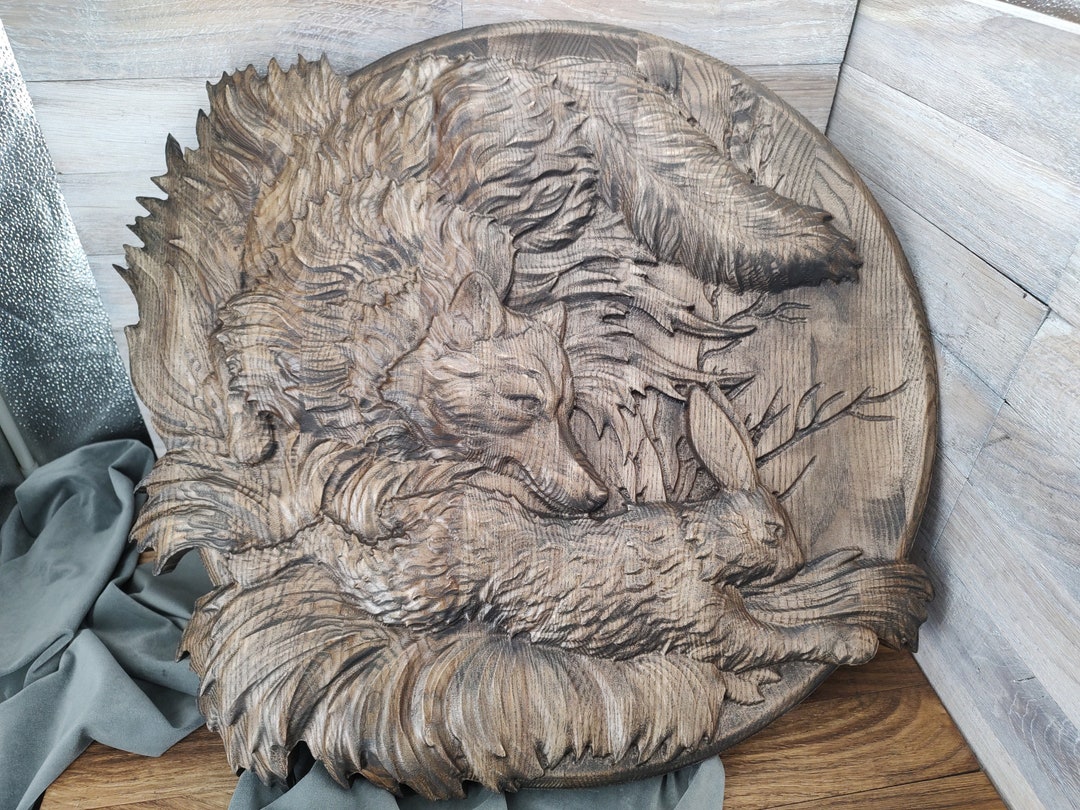Picture Round Bas-relief Fox and Hare in the Grass Wood Gift Nature ...