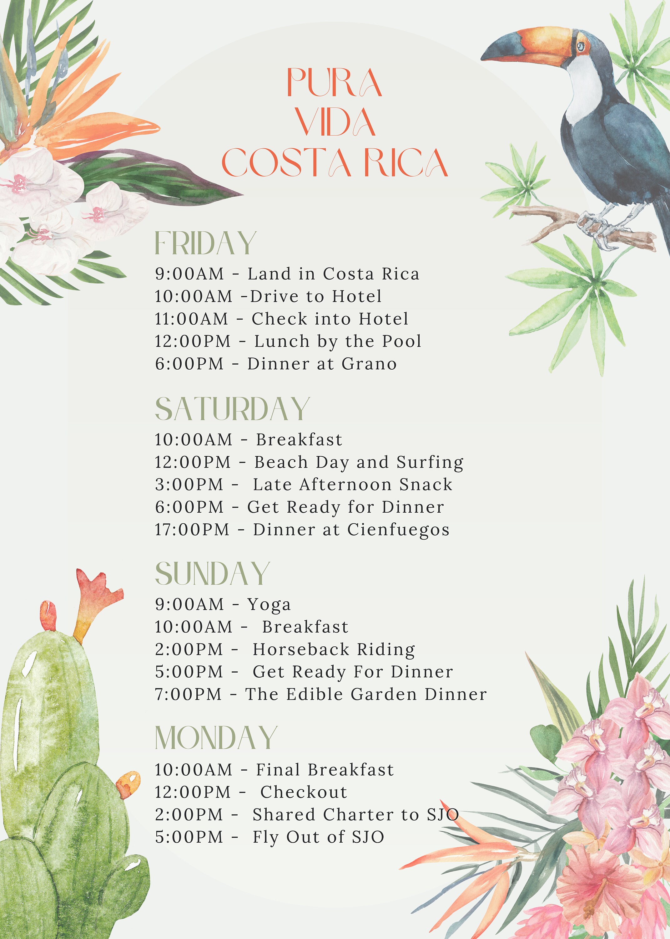 Costa Rica, Pura Vida, Trip Bachelorette Party Itinerary Template ...