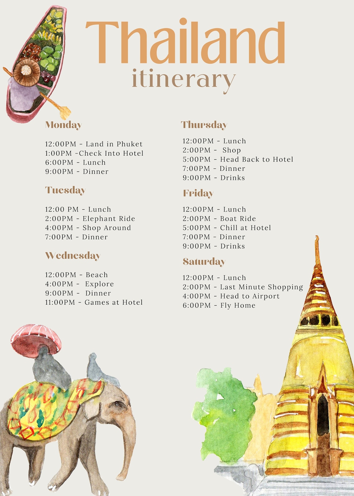 Thailand Trip Bachelorette Party Itinerary Template, Editable Birthday ...