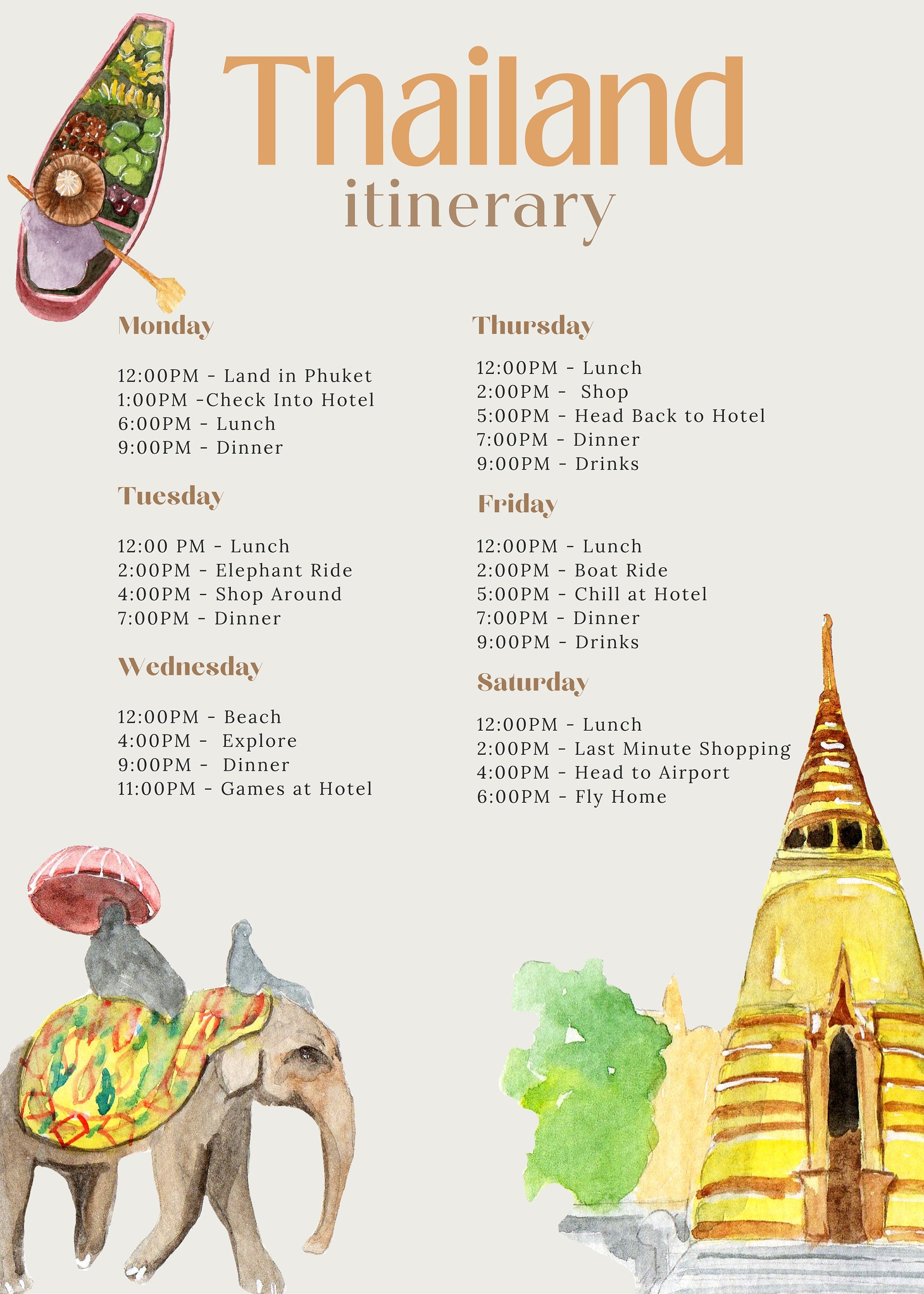Thailand Trip Bachelorette Party Itinerary Template, Editable Birthday ...