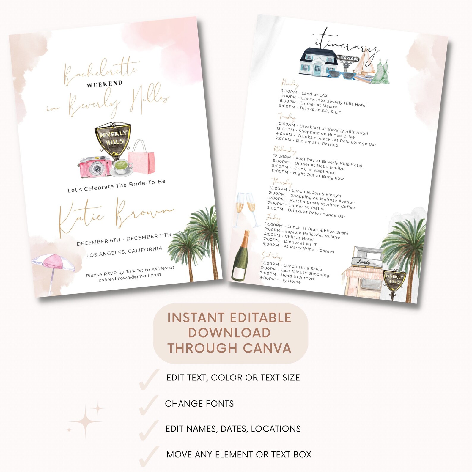 Beverly Hills Trip Bachelorette Party Itinerary Template, Editable ...