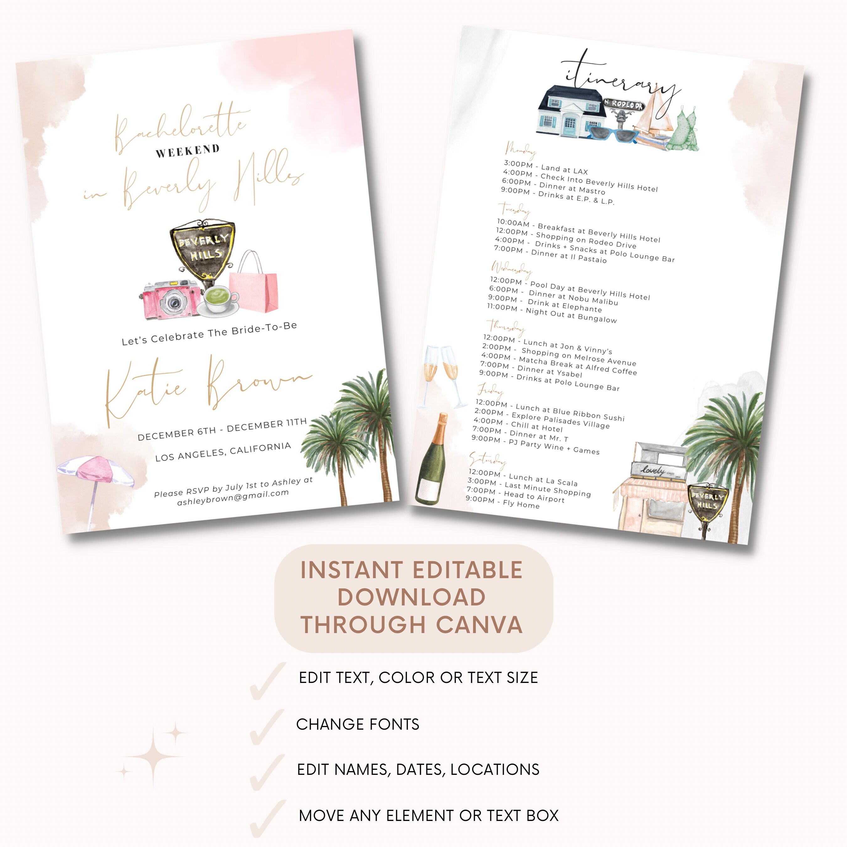 Beverly Hills Trip Bachelorette Party Itinerary Template, Editable ...