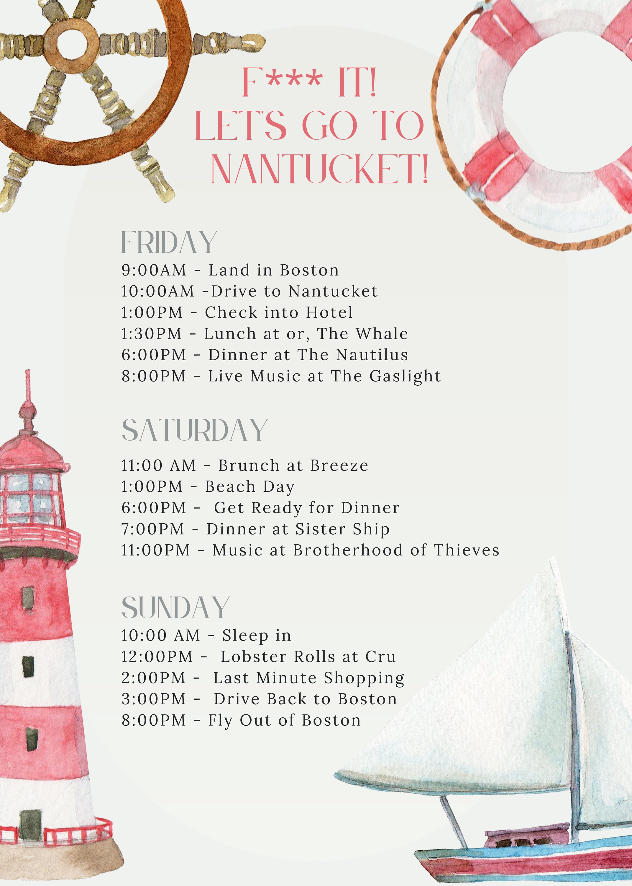 Nantucket Trip Bachelorette Party Itinerary Template, Editable Birthday ...