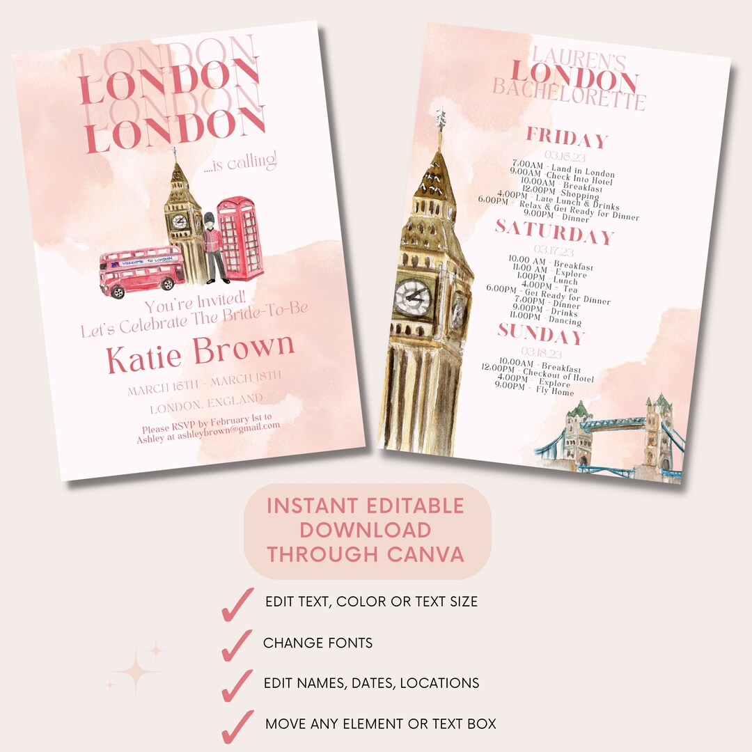 London Trip Bachelorette Party Itinerary Template, Editable Birthday ...