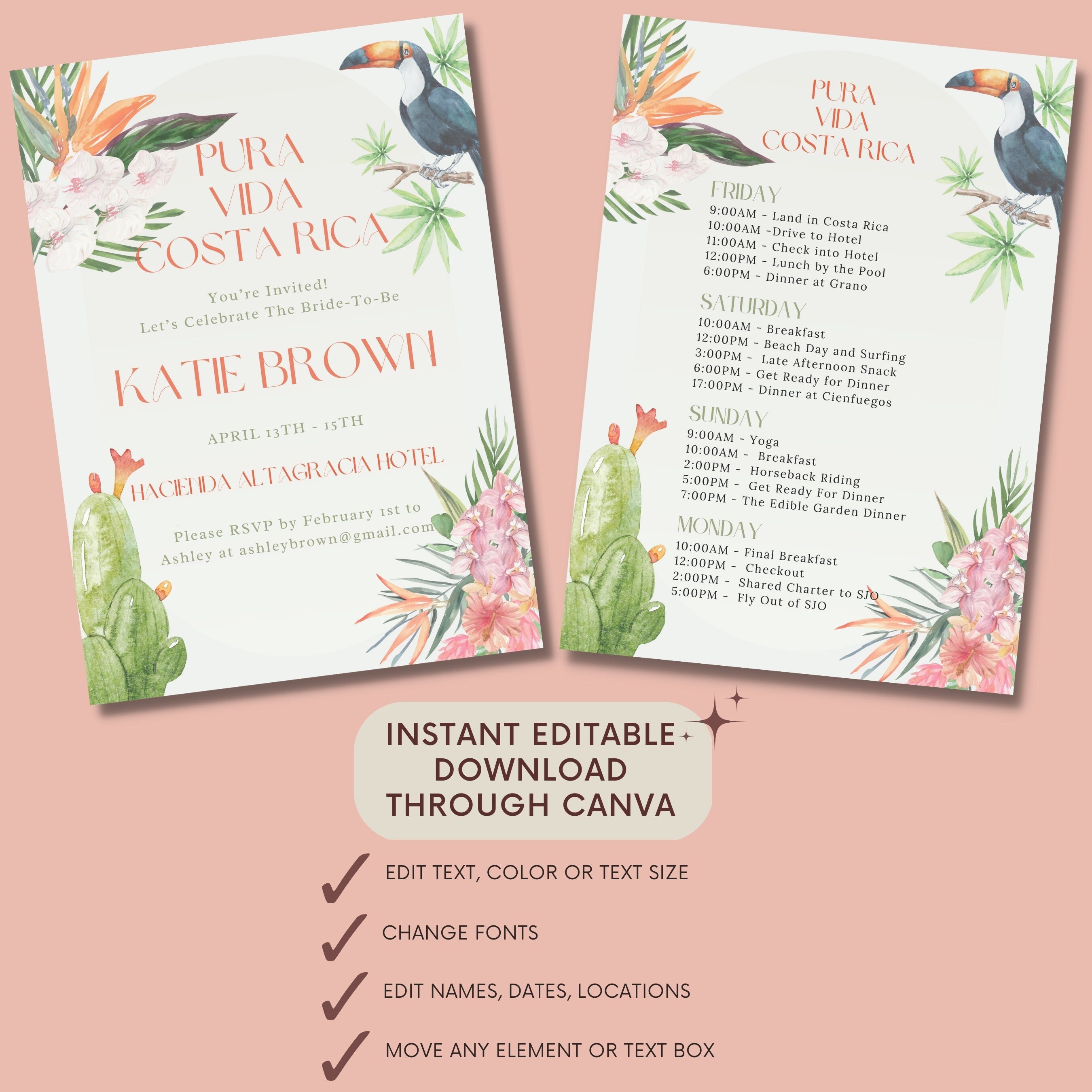 Costa Rica, Pura Vida, Trip Bachelorette Party Itinerary Template ...