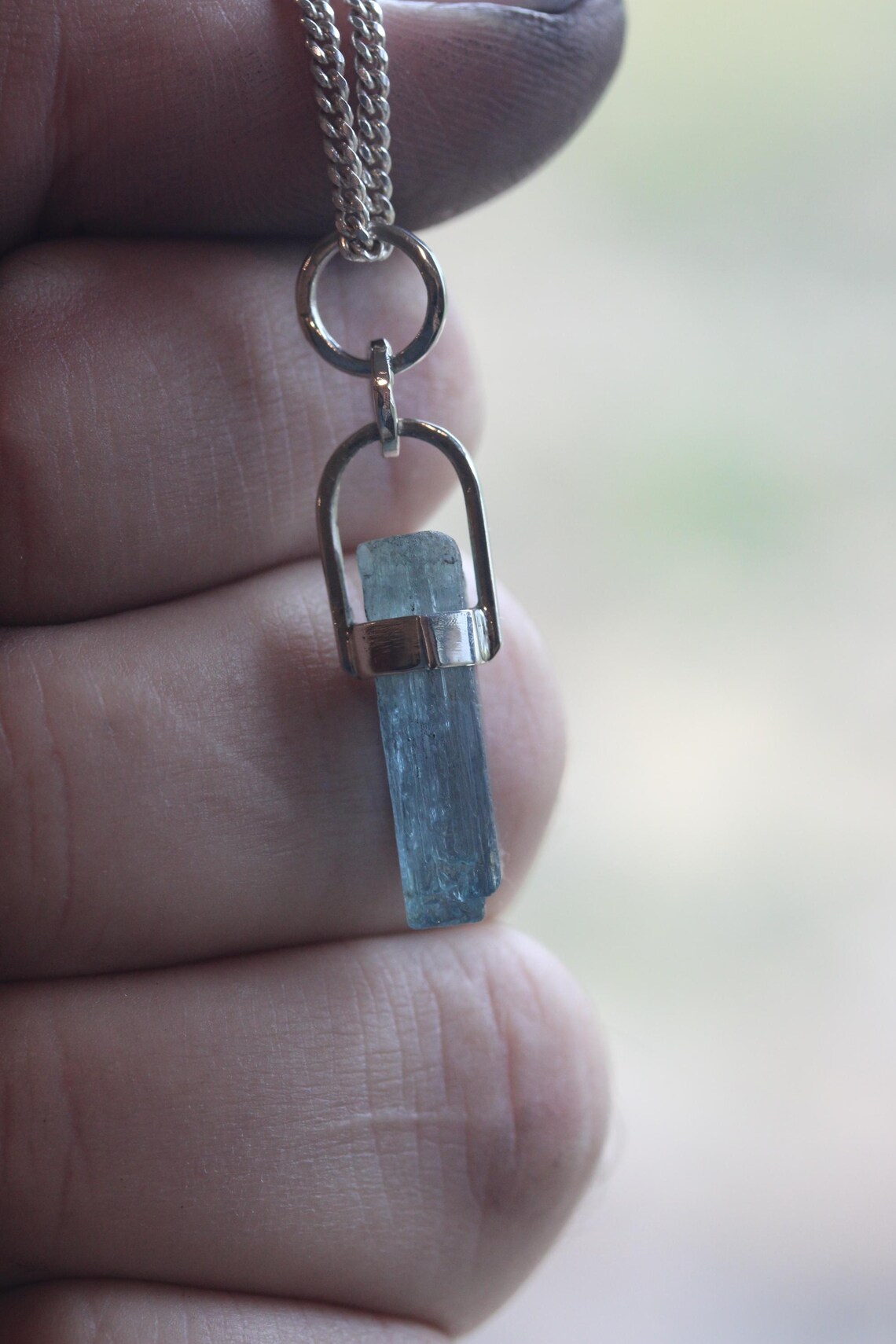 Handmade Aquamarine Crystal Pendant In Sterling Silver Rustic Open