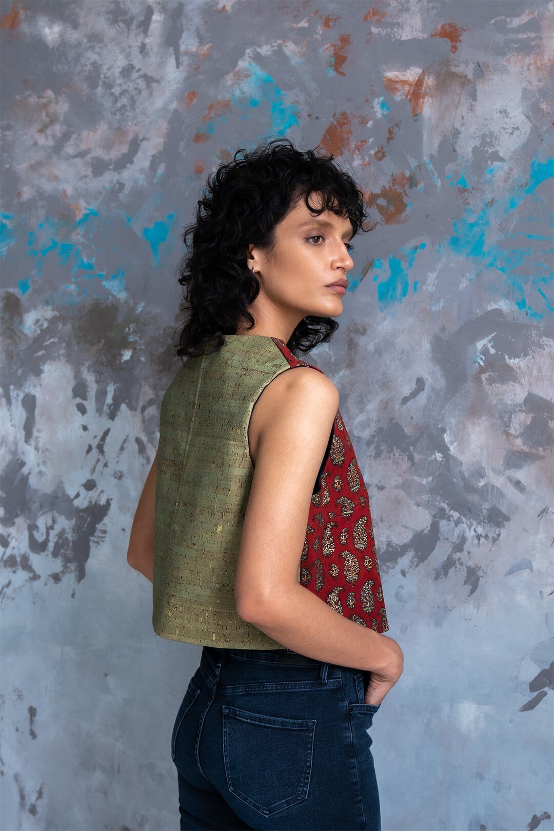 Vegan Handprinted Vest – Sustainable Cork & Cotton Jacket – Persian ...