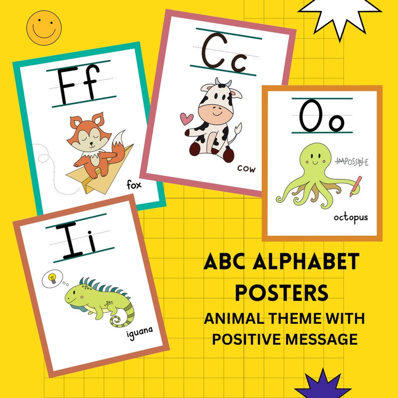 Animal Theme Alphabet Posters Printable A to Z Letters Classroom Decor ...