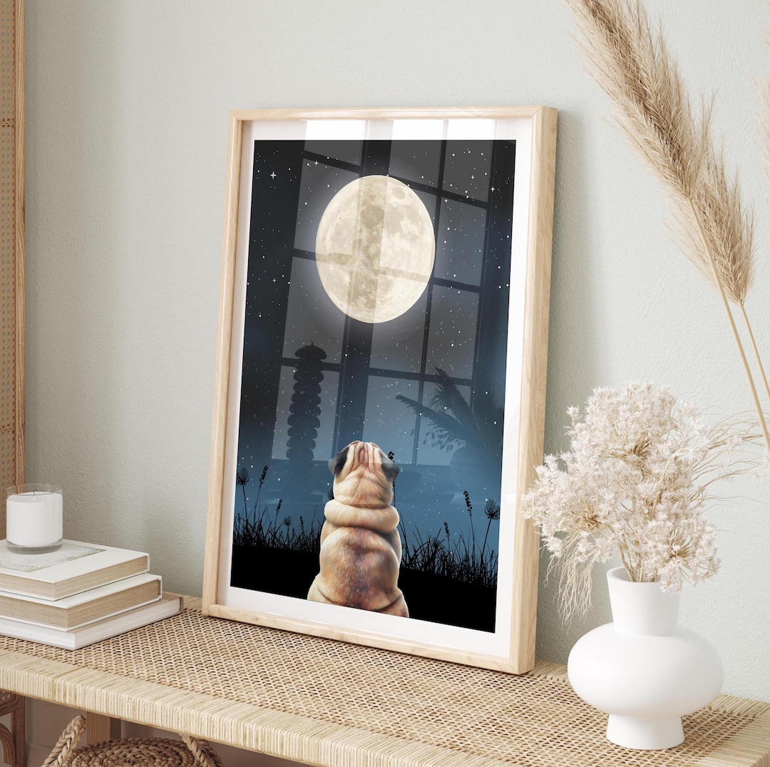 Pug Wall Art Print, Moon Gazing Pug Dog Print, Celestial Art ...