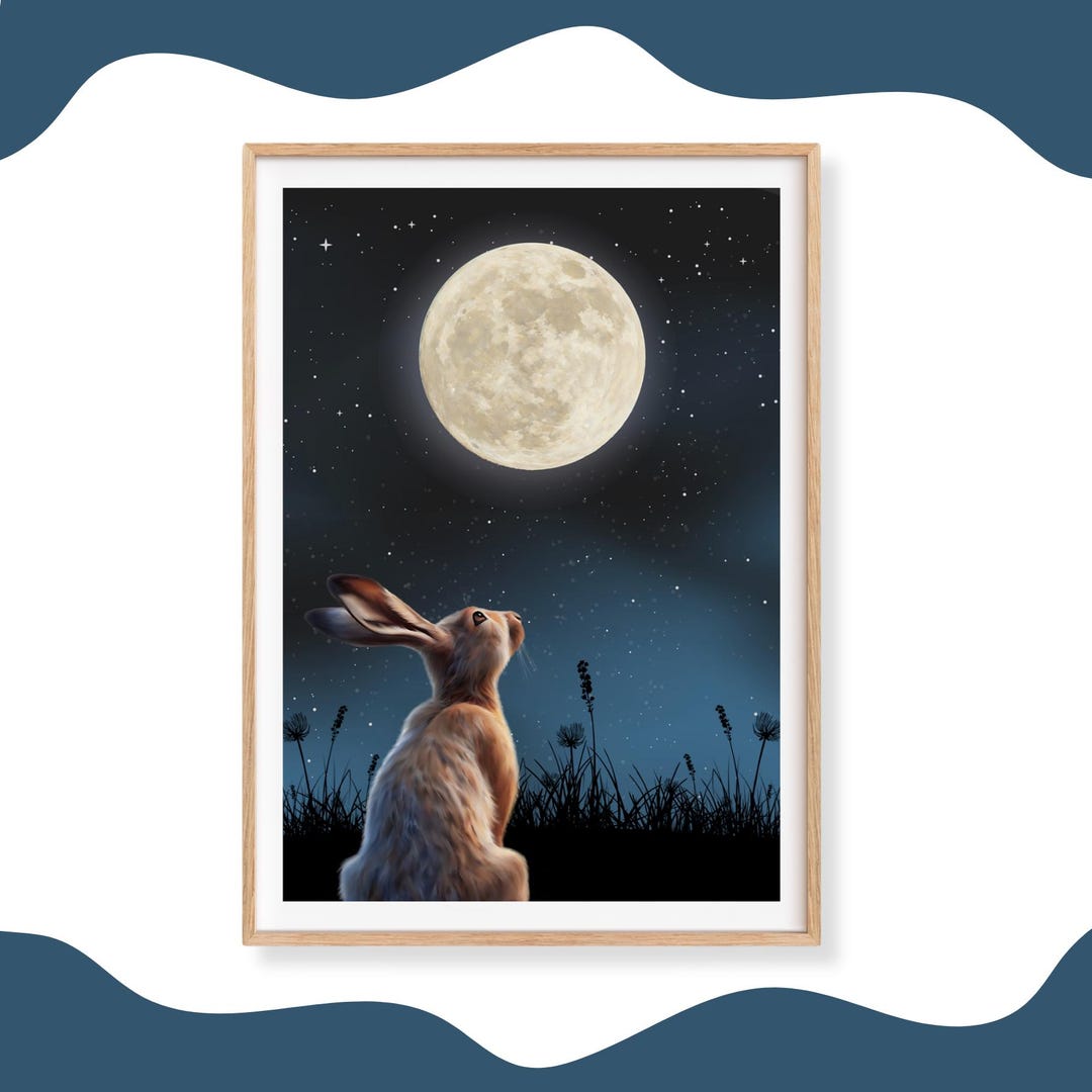 Moon Gazing Hare Art Print, Celestial Hare, Stargazing Print, Night Sky ...