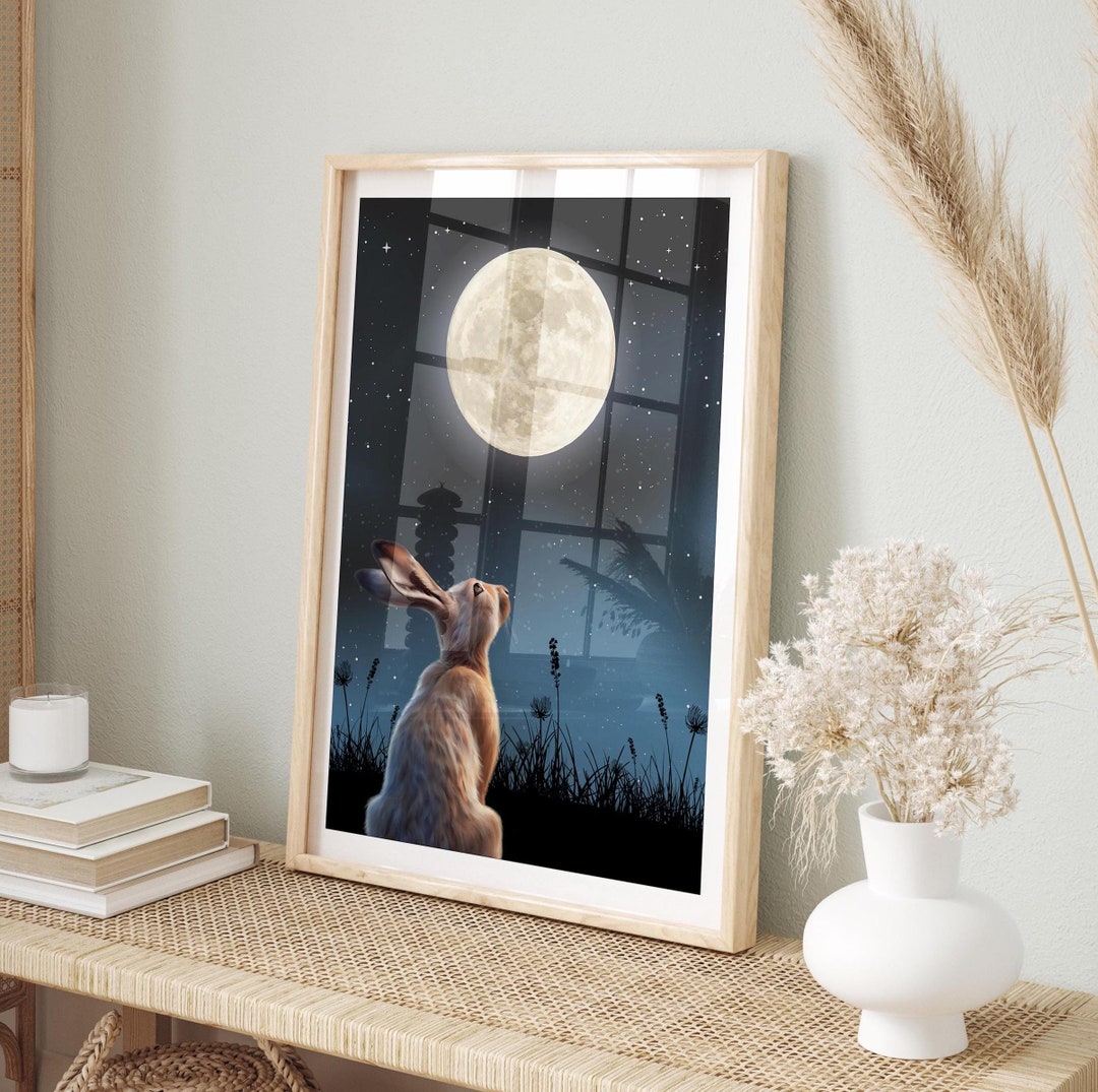 Moon Gazing Hare Art Print, Celestial Hare, Stargazing Print, Night Sky ...