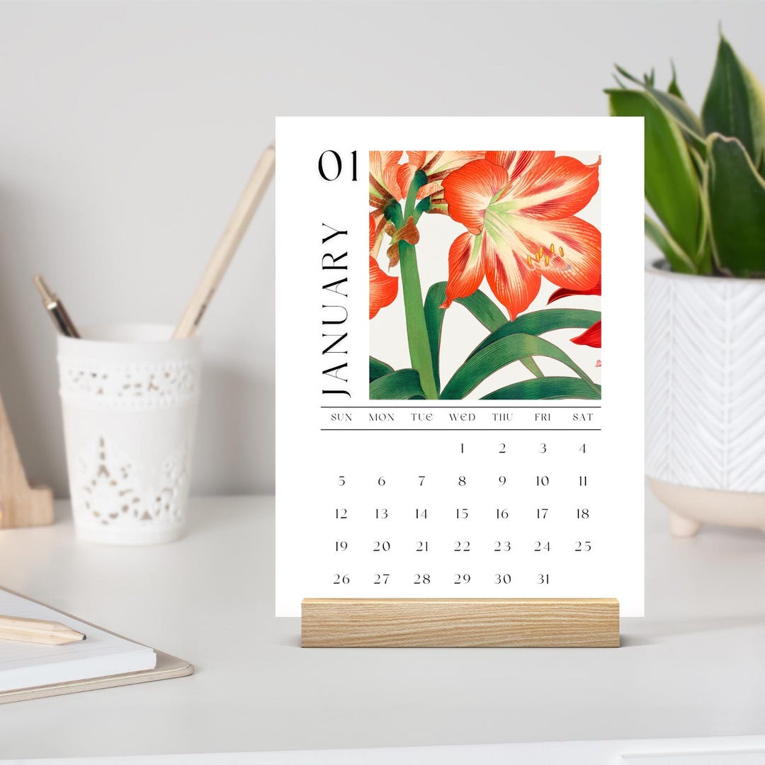 2025 Monthly Flower Desk Calendar With Wooden Stand, Minimalist Floral ...